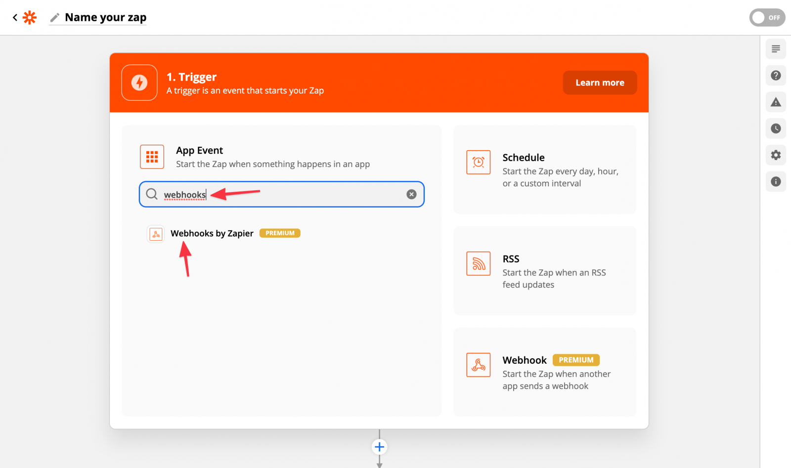 In a “Trigger Event” field select “catch a hook” and click “continue”: