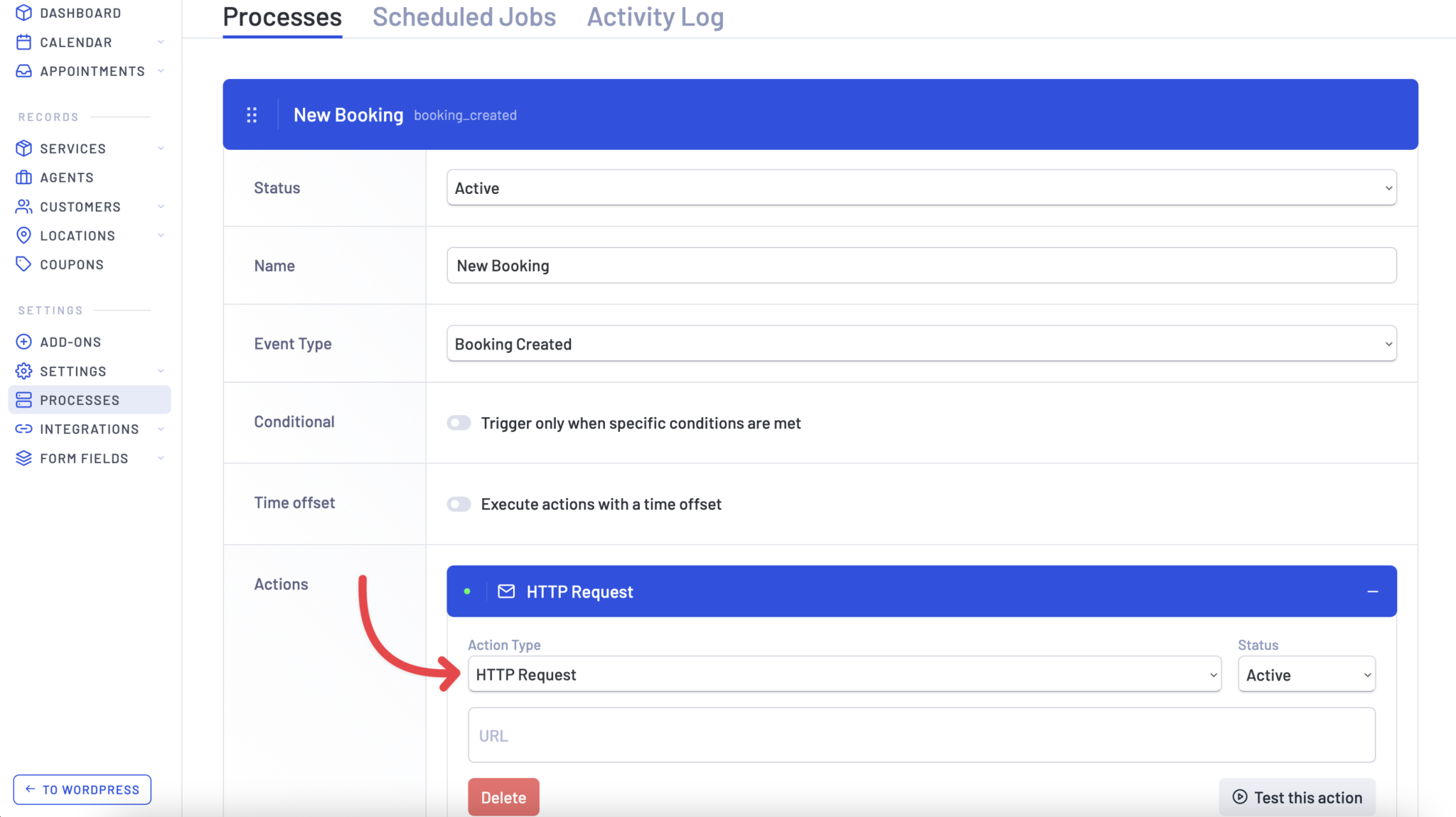When you install our webhooks addon, you should see a new HTTP Request action under Processes: